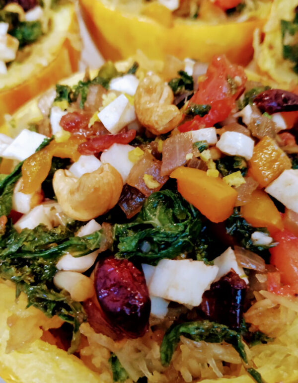 Autumn Delight Stuffed Spaghetti Squash and Baked Sweet Potato Fries